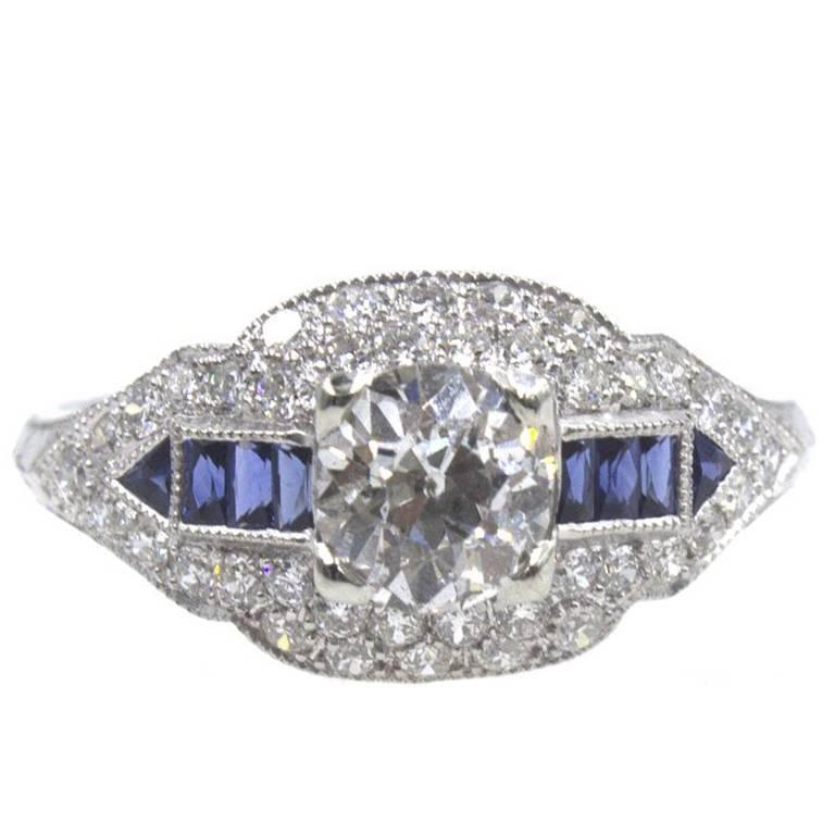 Sapphire Diamond Platinum Engagement Ring at 1stdibs