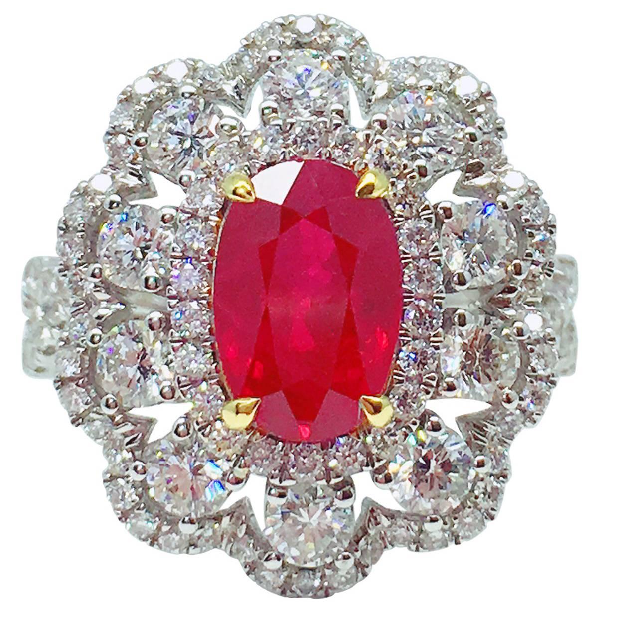 GILIN GRS Certified 2.15 Carat Pigeon's Blood Burmese Ruby Diamond Ring ...
