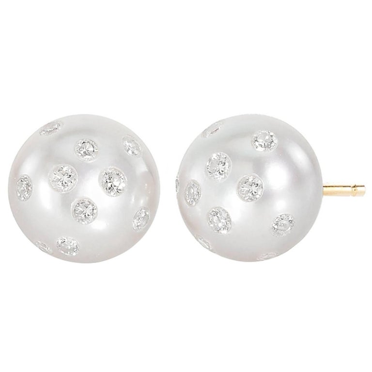 Russell Trusso White Diamond Embedded Freshwater Pearl Stud Earrings at ...