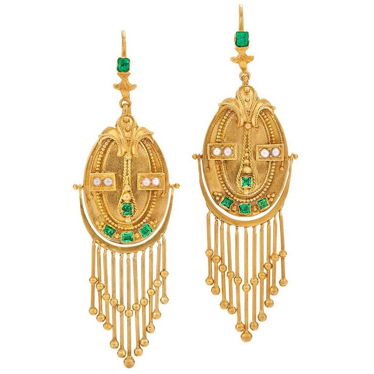Victorian Yellow Gold And Emerald Fringe Pendant Earrings For Sale At