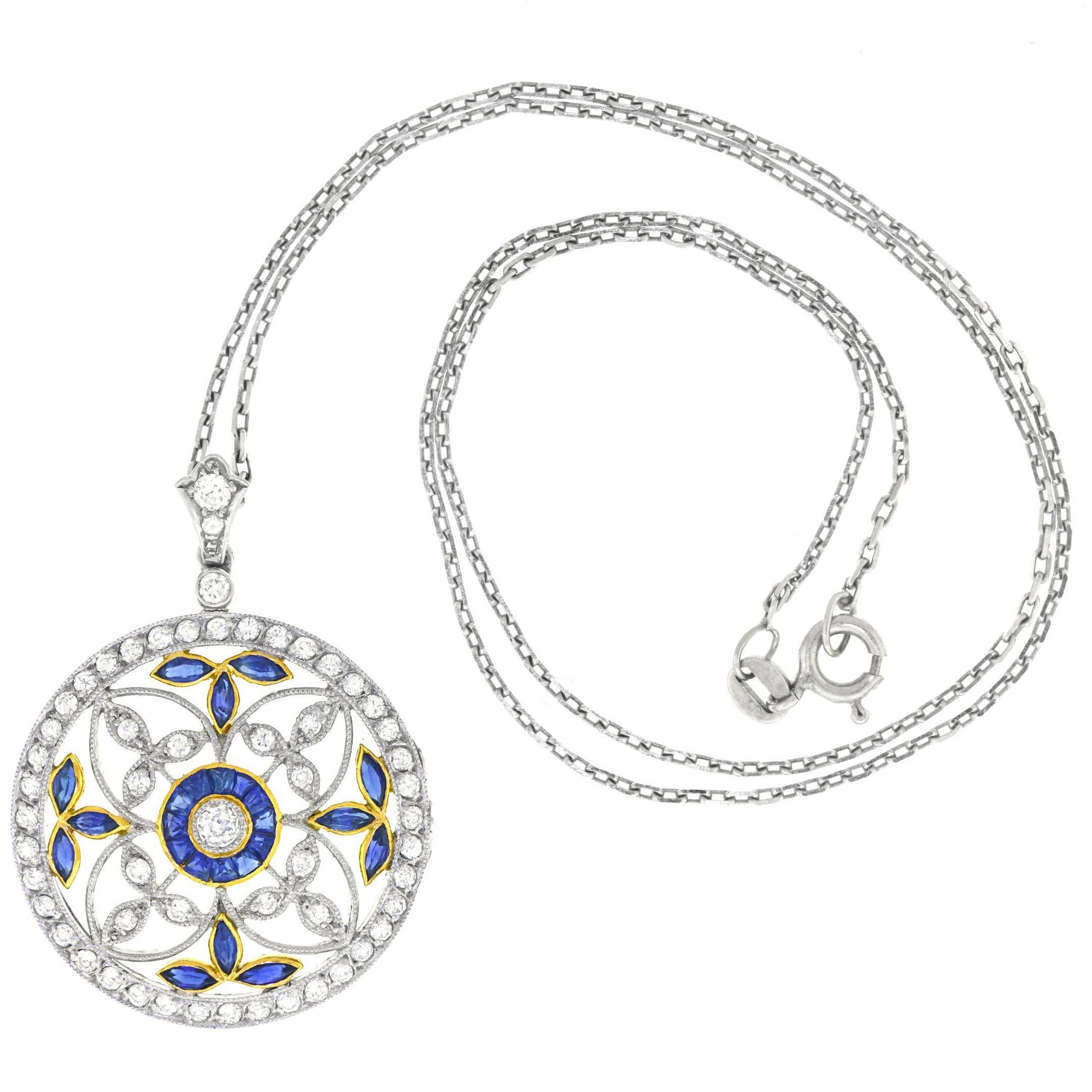 Art Deco Diamond and Sapphire Set Platinum over Gold Pendant at 1stDibs