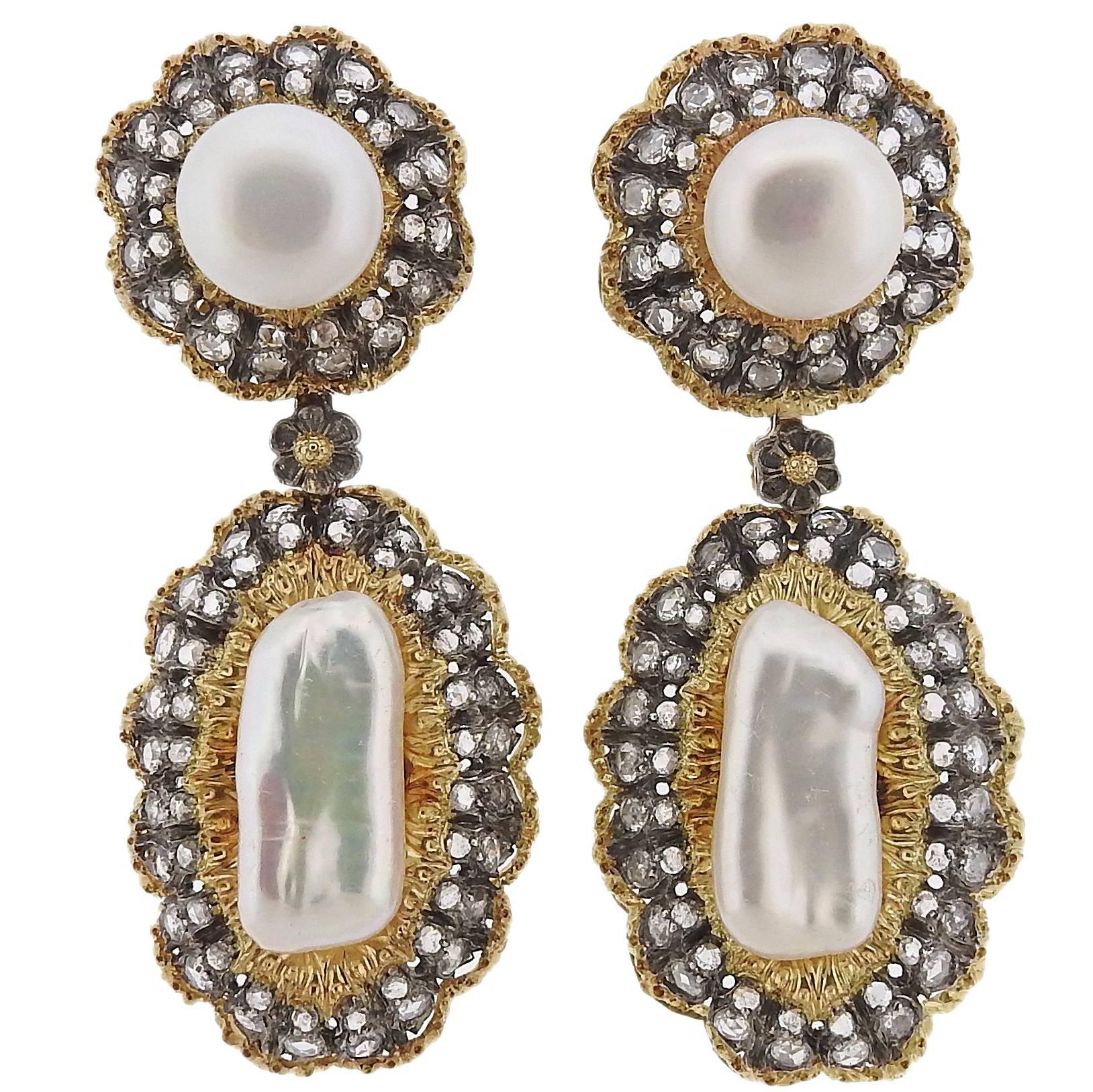 Buccellati Rose Cut Diamond Pearl Gold Night and Day Earrings at 1stDibs