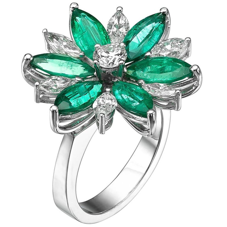 Marquise Cut Floral Motif Diamond And Emerald Ring For Sale At 1stdibs