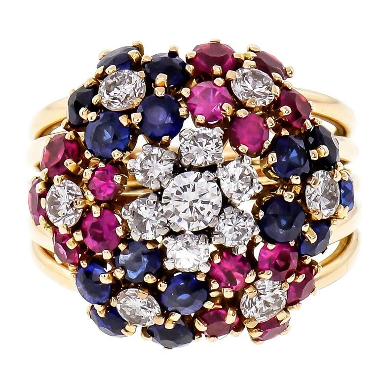 Diamond Ruby Sapphire Flower Rose Gold Cocktail Ring at 1stDibs