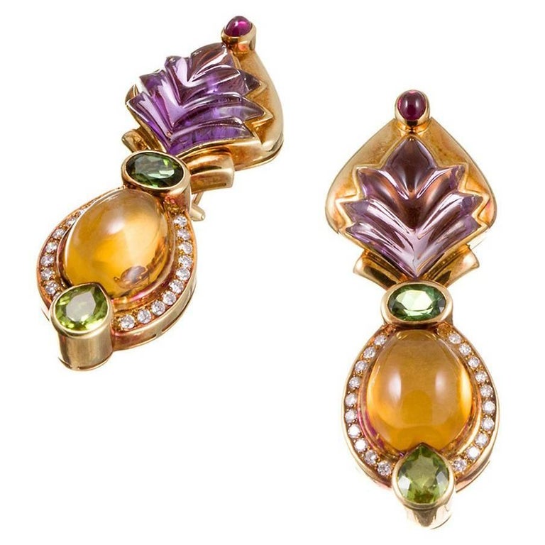 Multicolor Gemstone Diamond Gold Drop Earrings For Sale at 1stDibs