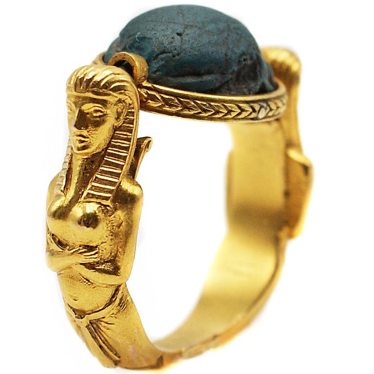 Thomas Brogan Egyptian Revival Sapphire Gold Scarab Ring at 1stdibs