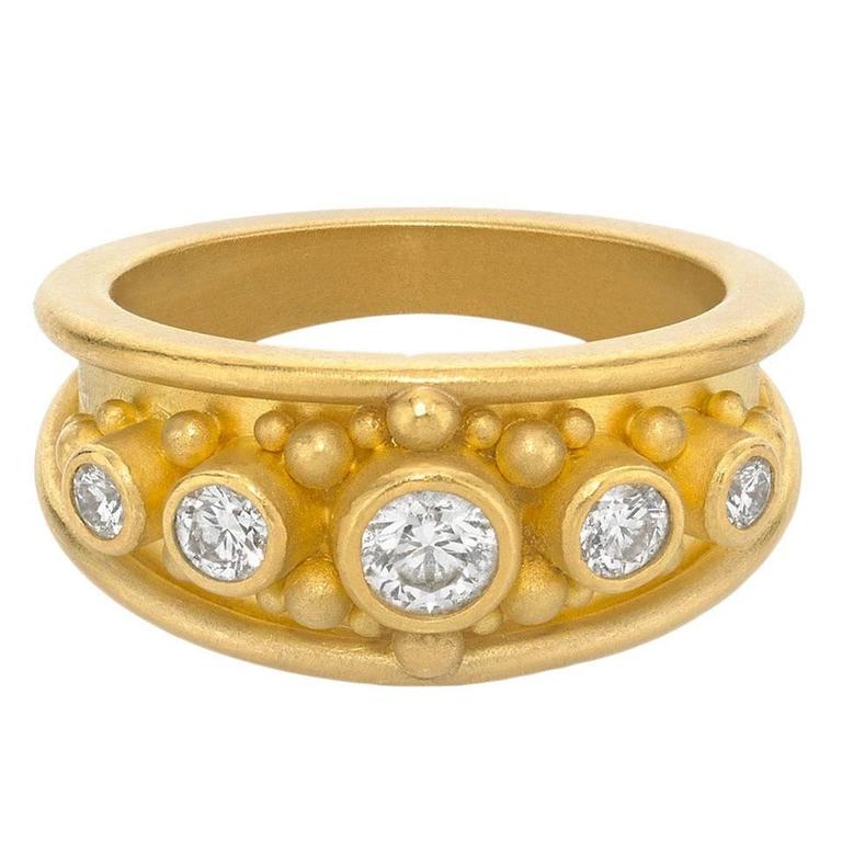Denise Betesh Diamond Gold Granulation Cigar Band Ring at 1stDibs