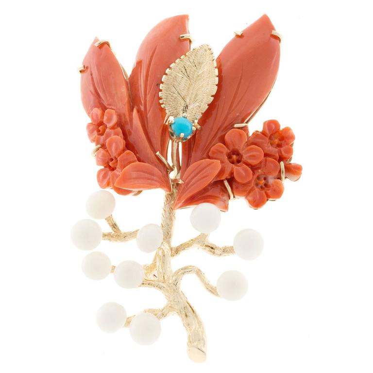Cellino Orange White Coral Turquoise Gold Flower Pin at 1stDibs