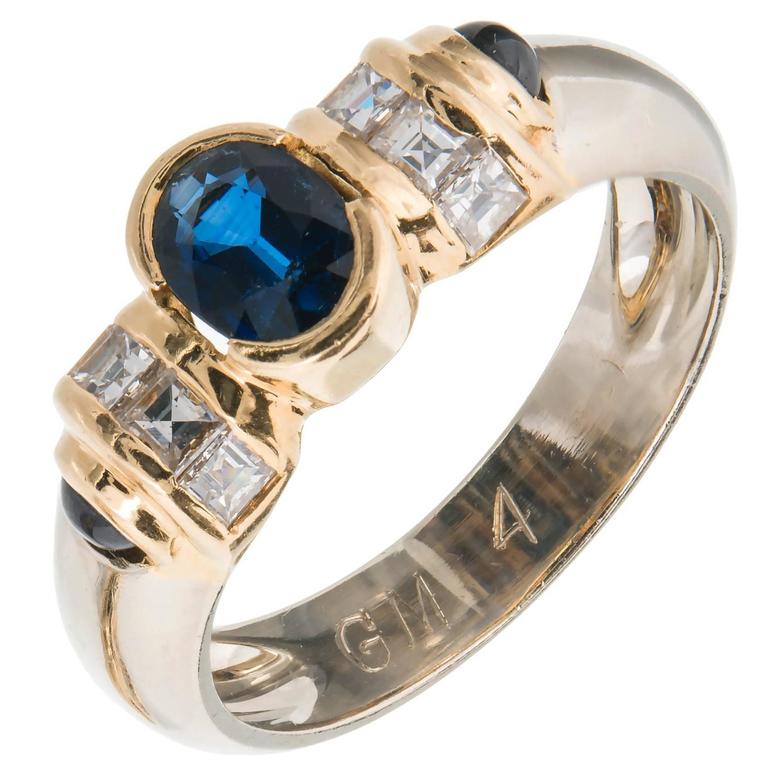 Oval Cabochon Sapphire Square Diamond Gold Engagement Ring For Sale At