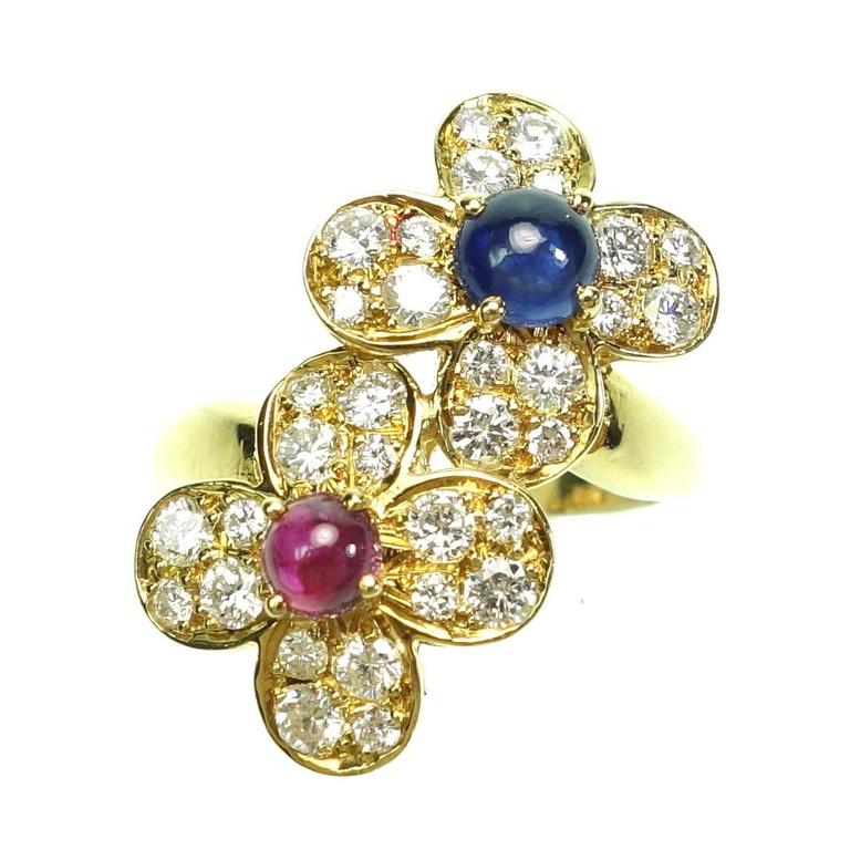 Van Cleef and Arpels Alhambra Trefle Ruby Sapphire Diamond Gold Double ...