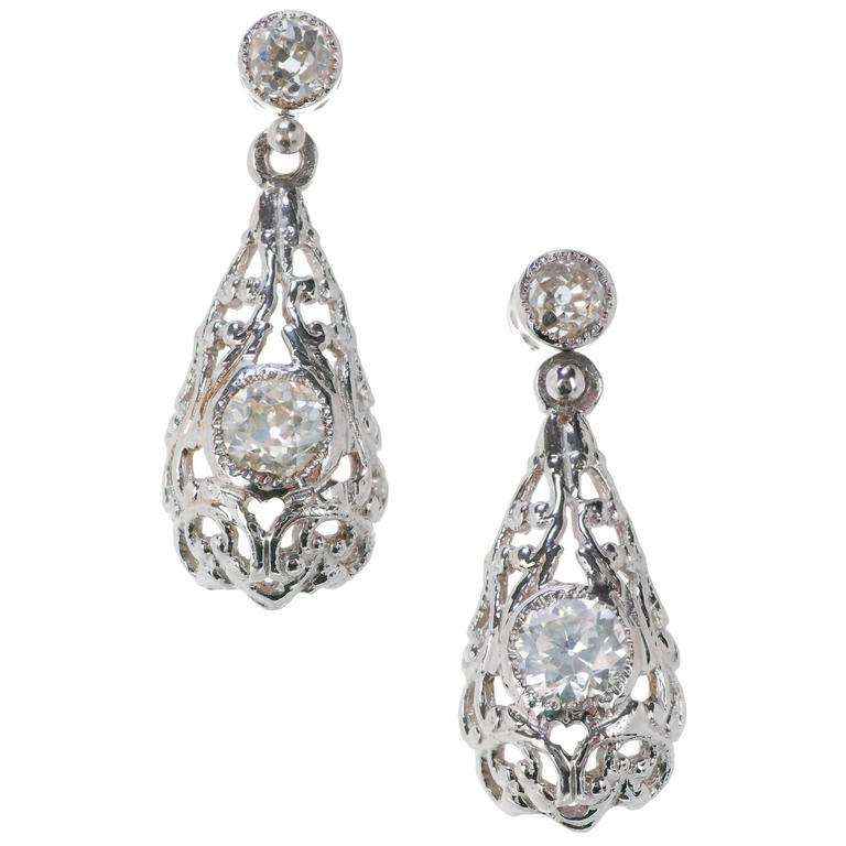Old European Cut Diamond Tear Dangle Platinum Earrings For Sale at ...