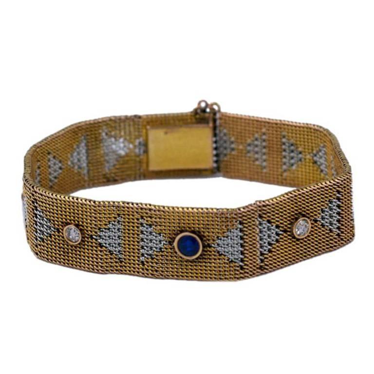 Yellow and White Gold Deco Mesh Bracelet with Stones For Sale at 1stDibs