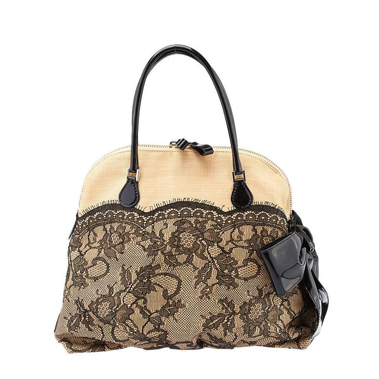 Valentino Beige Raffia and Black Lace Bow Satchel For Sale at 1stDibs