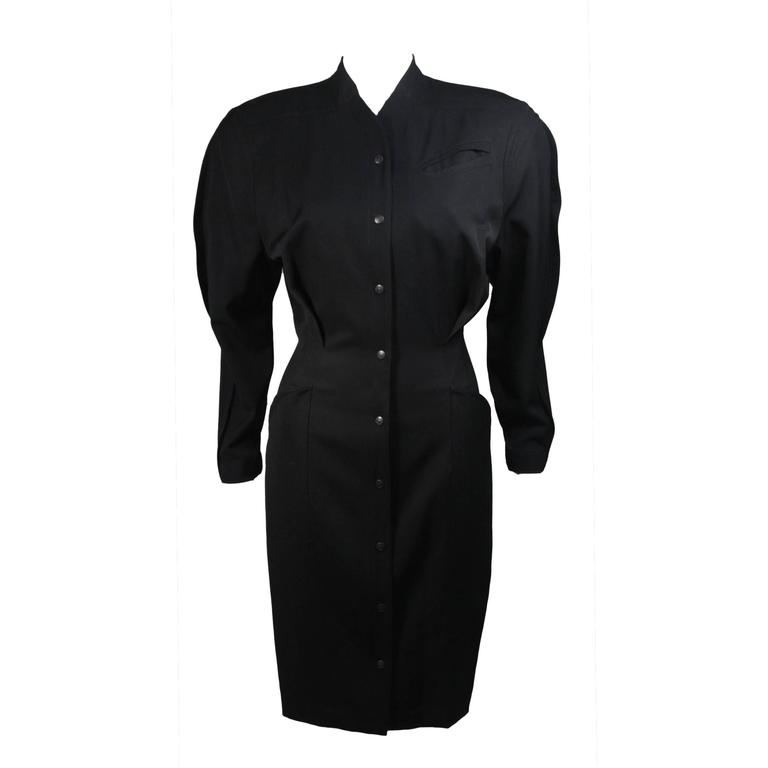 Thierry Mugler Contoured Black Snap Front Dress Size Small Medium at ...