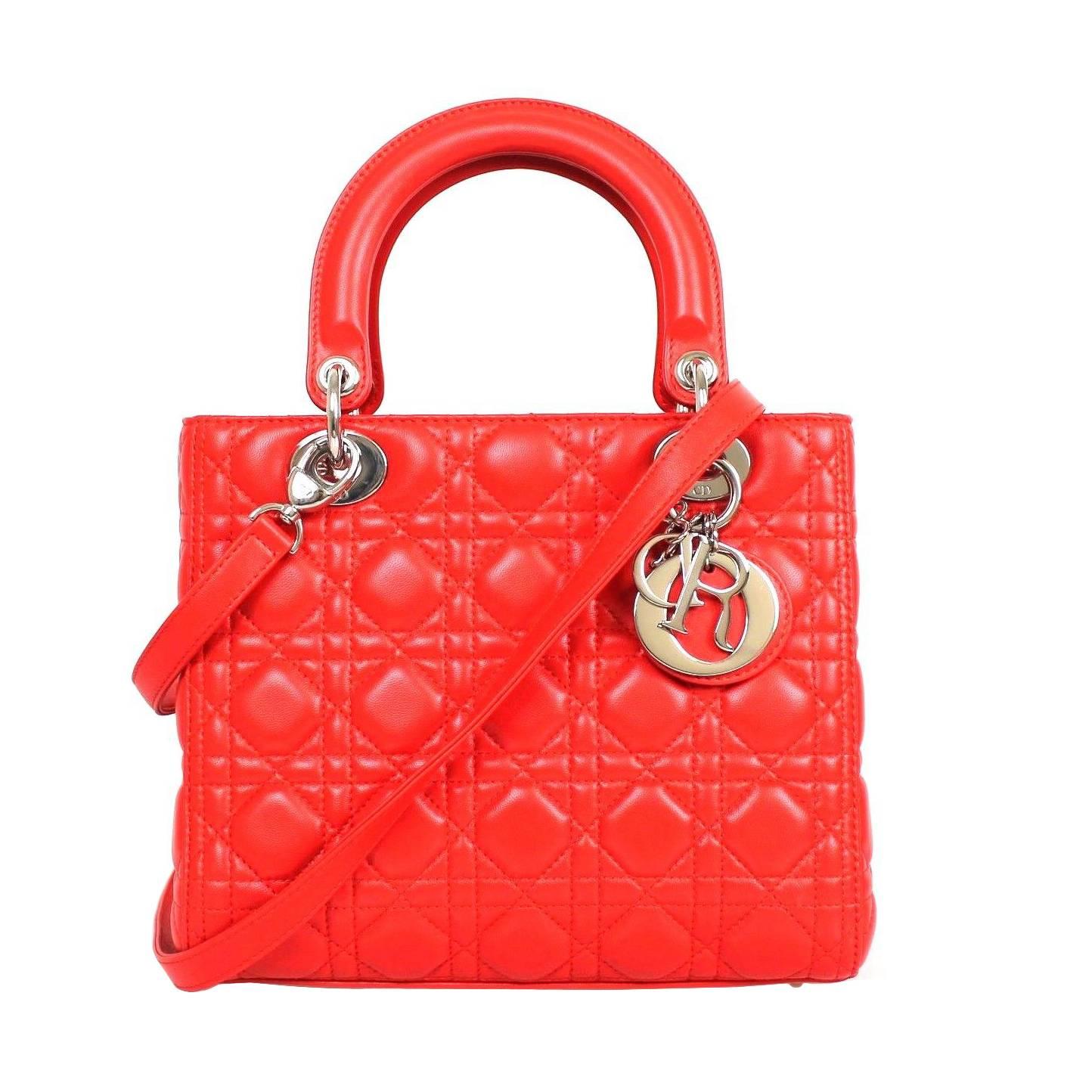 Christian Dior Red Lambskin Leather Silver HDW Mini Lady Dior Tote Bag ...