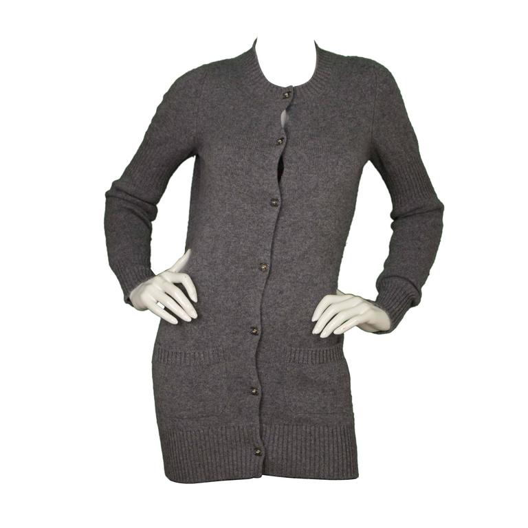 Chanel Grey Cashmere CC Button Long Cardigan Sweater sz 36 For Sale at ...