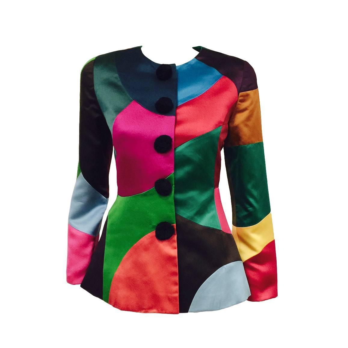 Vintage Oscar de la Renta Fitted Multi Color Harlequin Satin Jacket For ...
