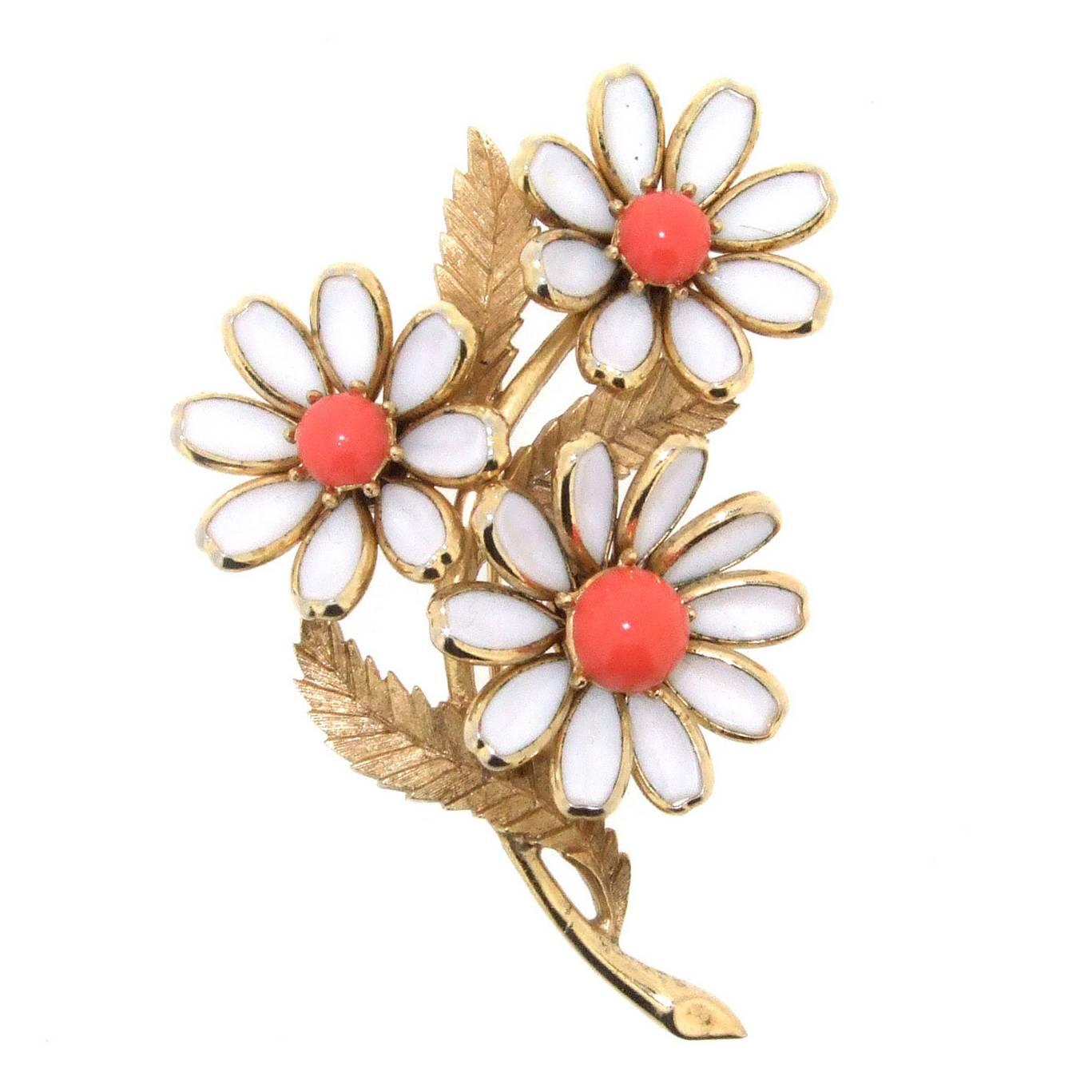 Crown Trifari Coral Milk White Flower Brooch at 1stDibs