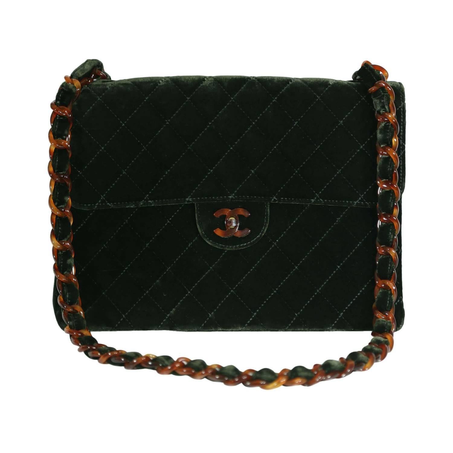 Chanel Green Velvet Quilted Purse With Tortoise Chain at 1stDibs