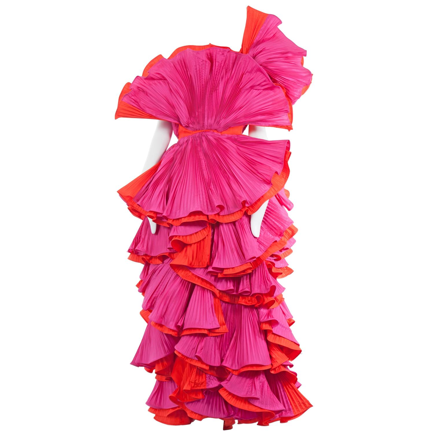 Roberto Capucci pink and red pleated gown, circa 1985 For Sale at 1stdibs