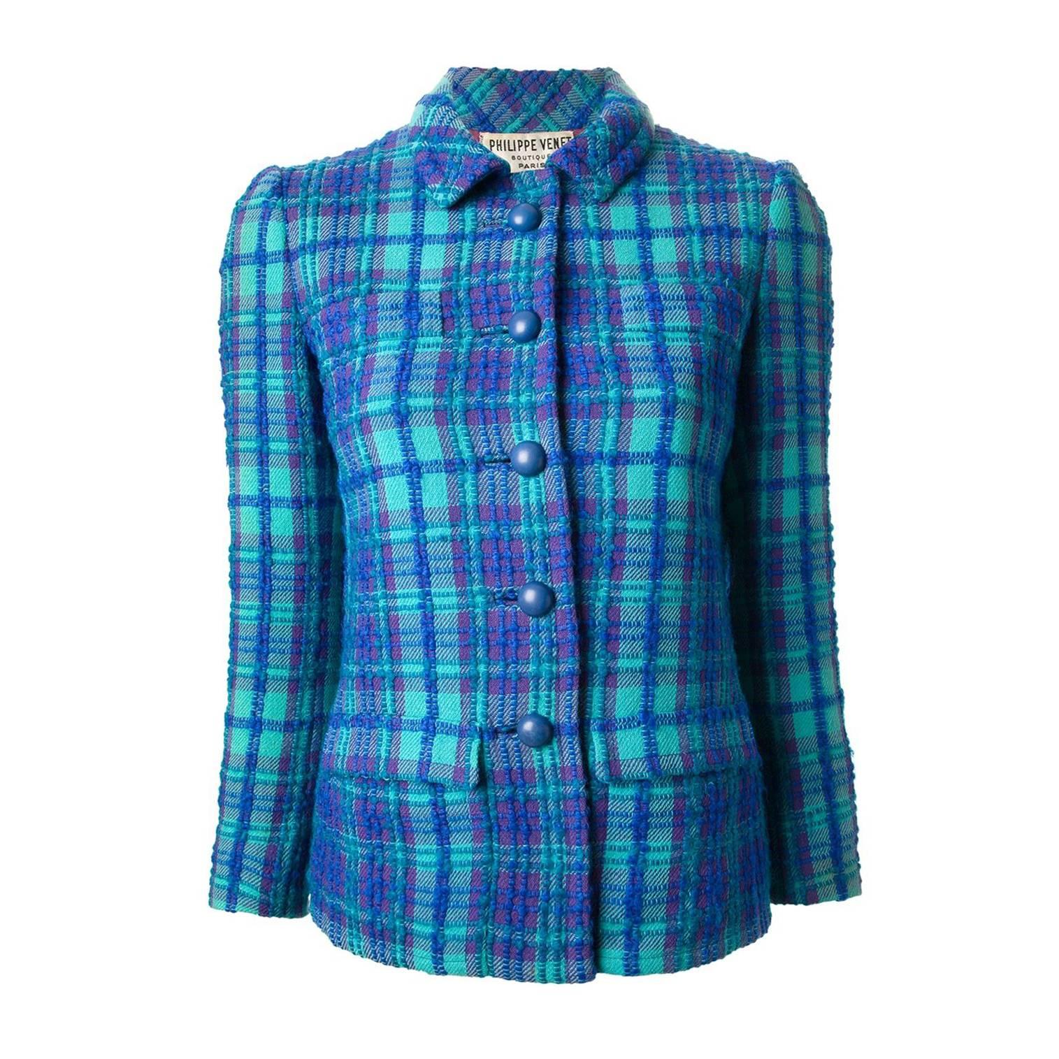 Philippe Venet Blue Woven Wool Jacket, 1960s For Sale at 1stDibs