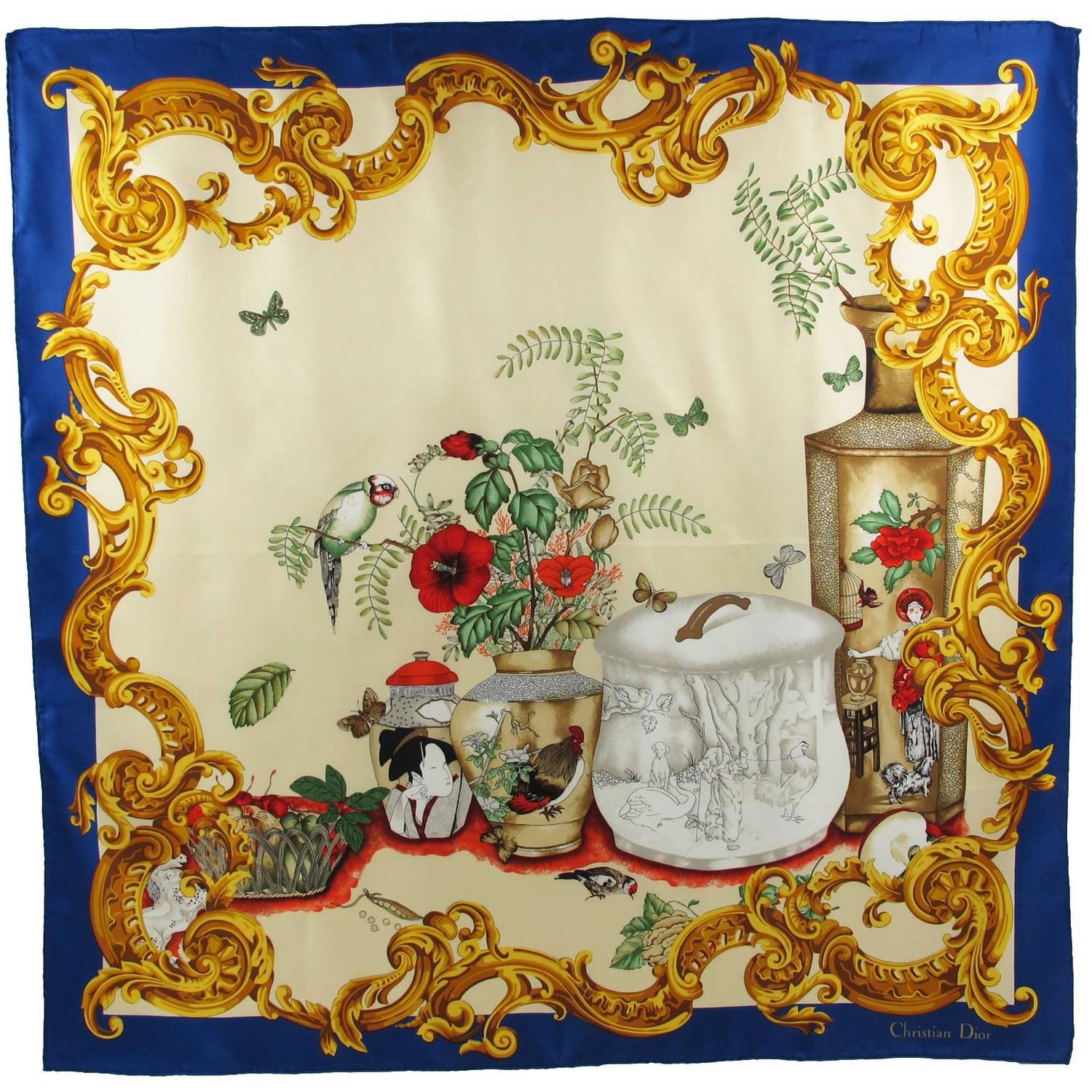 Vintage Christian Dior Silk Twill Scarf Japanese Vases Design at 1stdibs