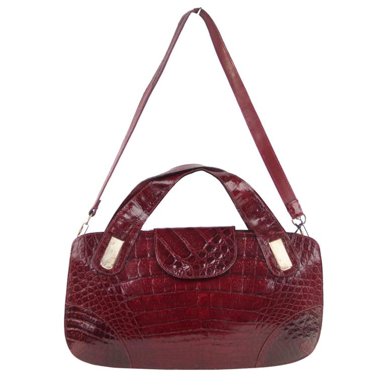 VINTAGE Italian RED Burgundy CROCODILE Leather TOTE HANDBAG Purse w ...