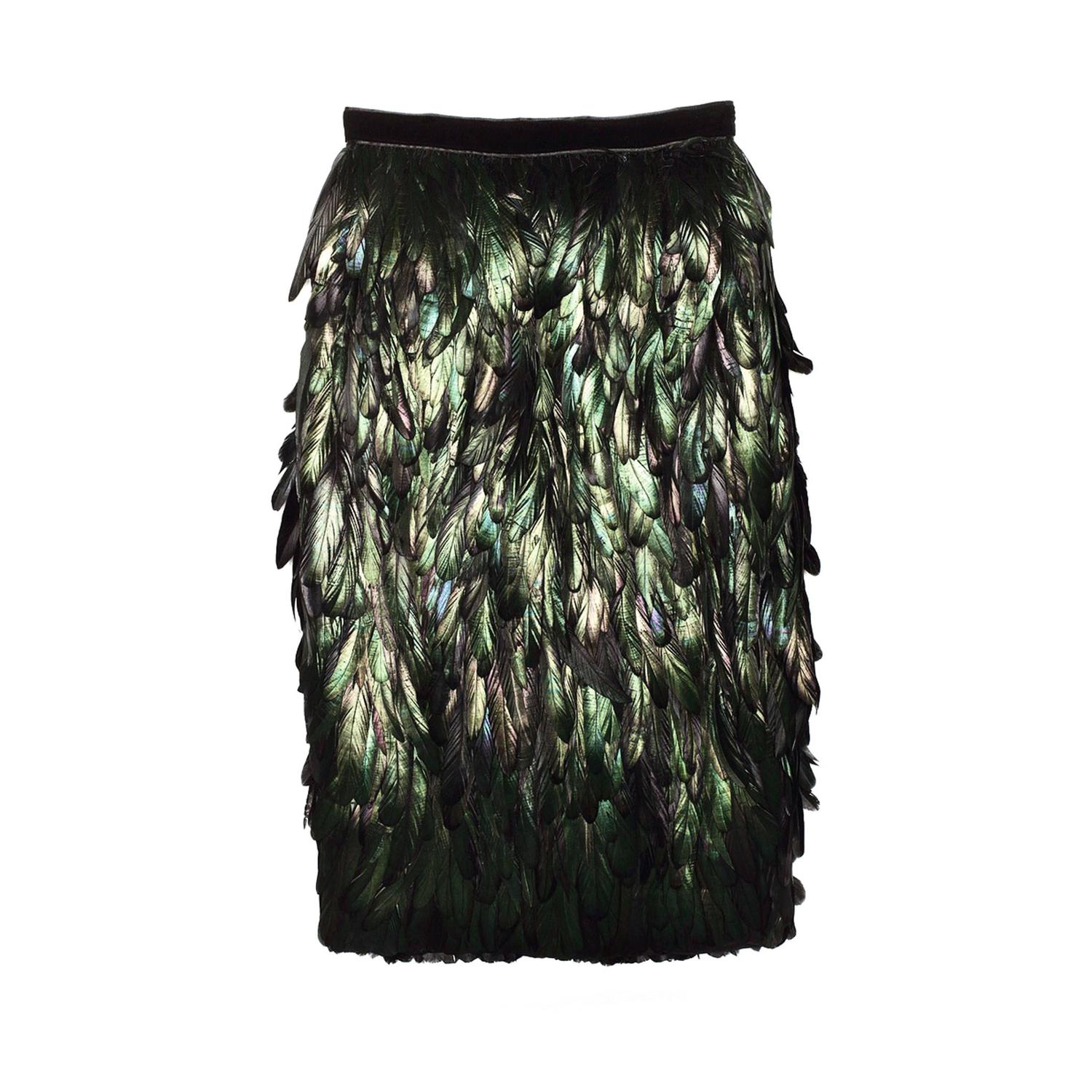 Gucci Silk Feather Dark Green Skirt at 1stdibs