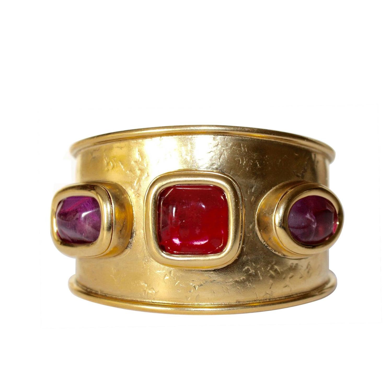 Goossens Paris Hammered Gold and Pink Rock Crystal Cuff Bracelet at 1stdibs