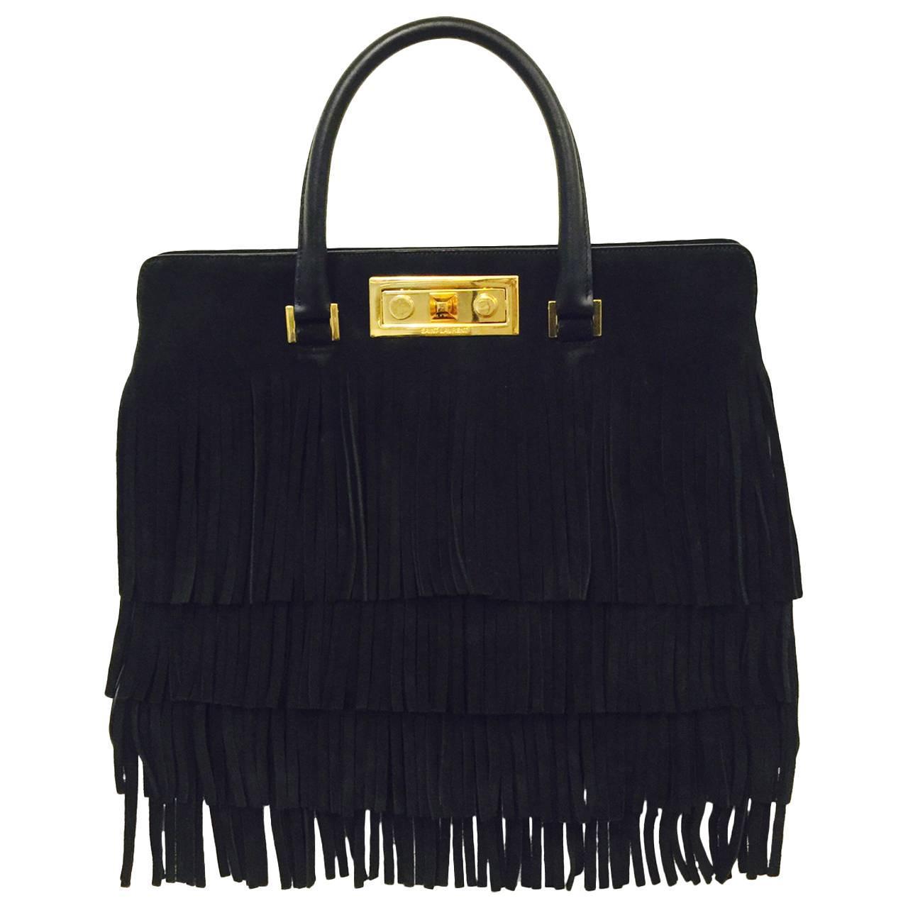 New Saint Laurent Paris Black Suede Convertible Handbag With Fringe at ...
