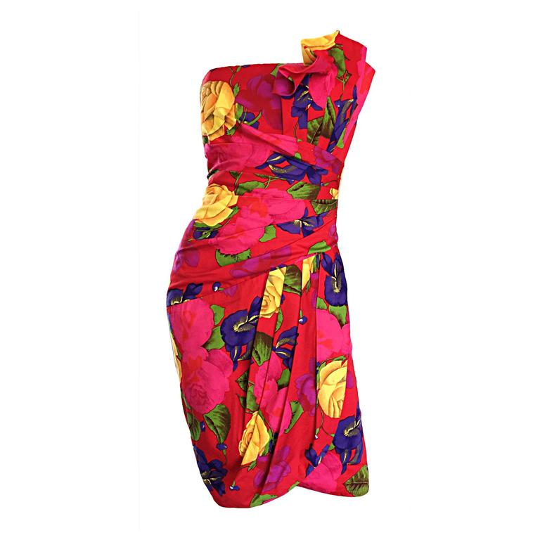 Sexy Vintage Neiman Marcus Hawaiian Flower Print Strapless Origami