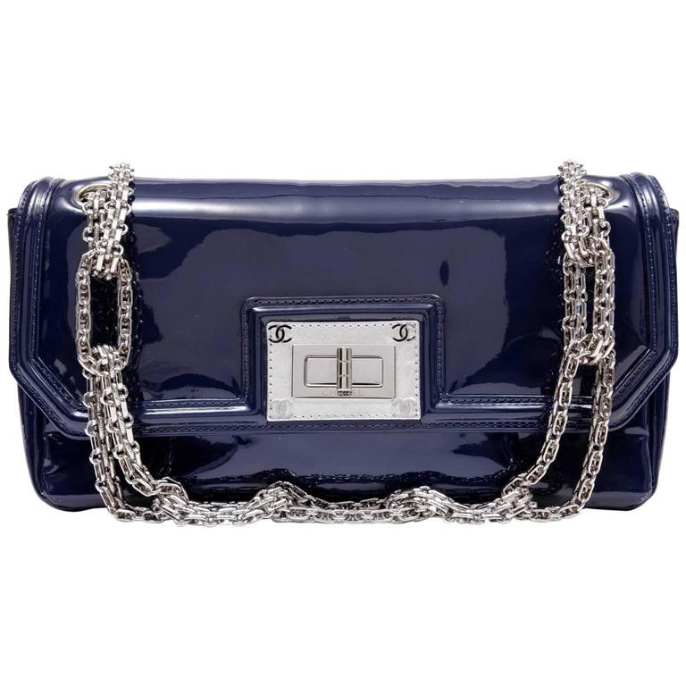 Chanel Navy Blue Patent Leather Reissue Flap Bag- Medium at 1stDibs