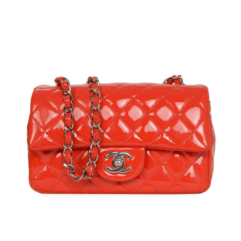 Chanel Bright Red Patent Rectangle Mini Flap Bag SHW For Sale at 1stDibs