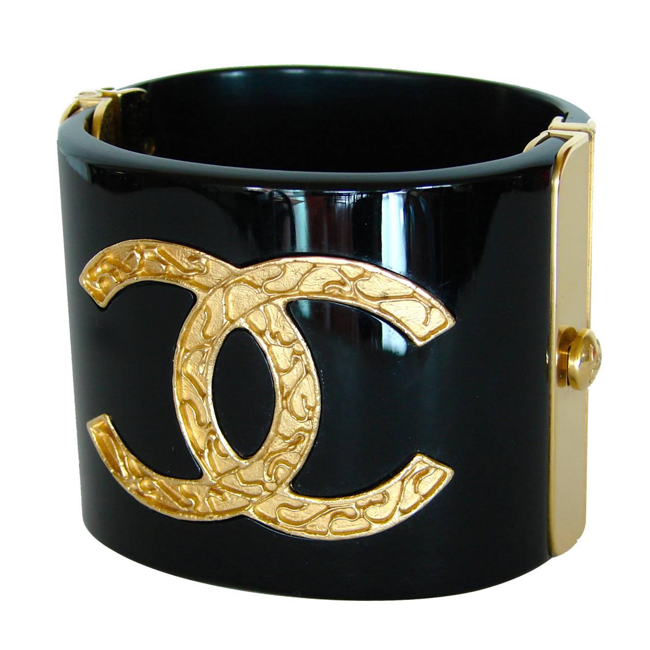 Chanel Gold CC Black Cuff Bracelet 11A Collection + Box at 1stDibs