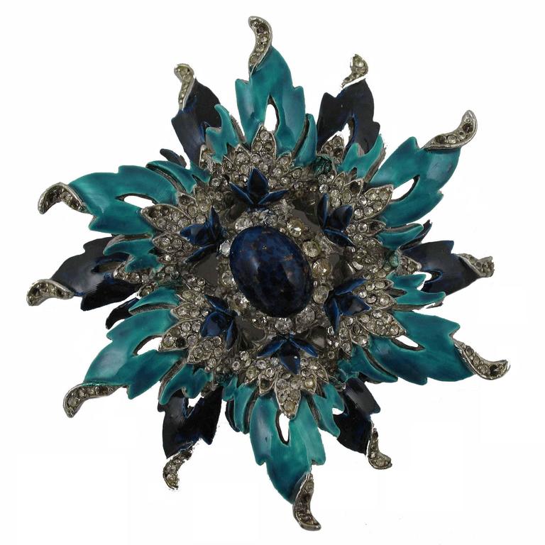 KENNETH JAY LANE KJL Vintage Silver Metal Rhinestones ENAMEL FLOWER Pin ...