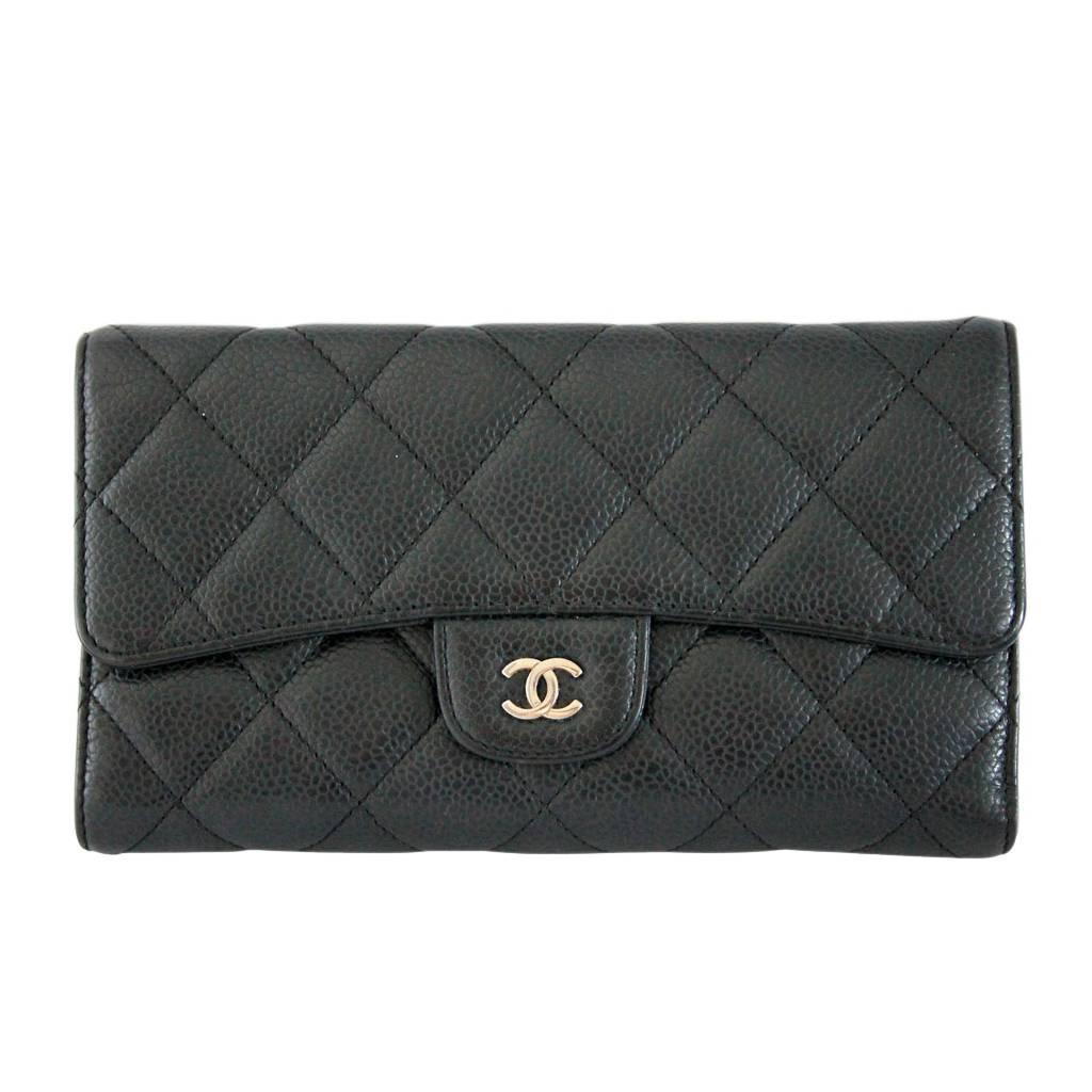 Chanel Black Caviar Long Flap Wallet SHW No. 12 For Sale at 1stdibs
