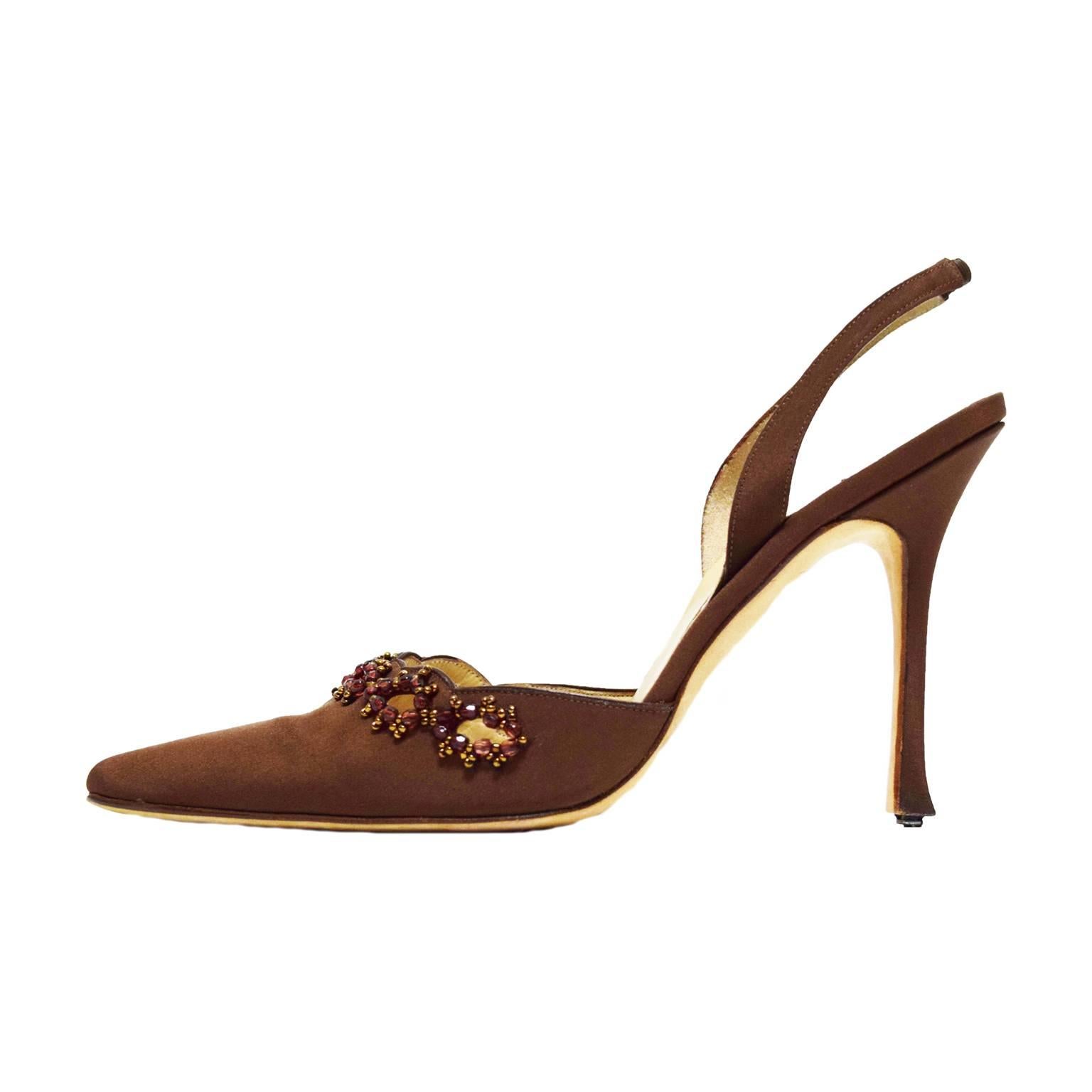 Manolo Blahnik Brown Fabricated Slingbacks For Sale at 1stDibs