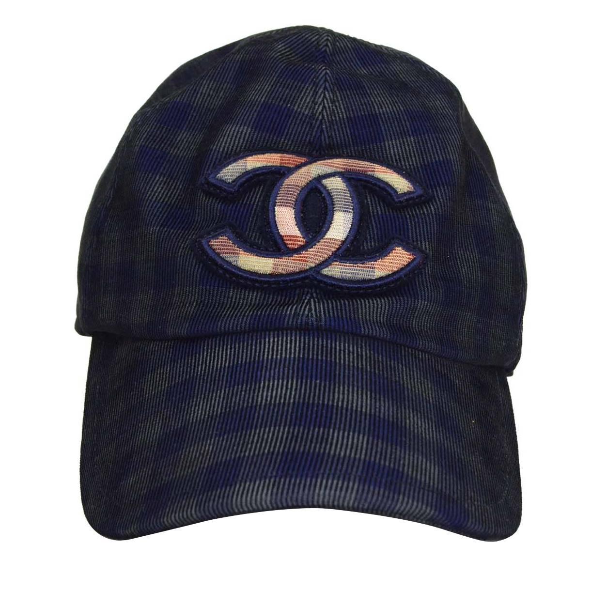 Chanel 2015 Navy/ Green Gingham CC Baseball Cap sz M at 1stdibs