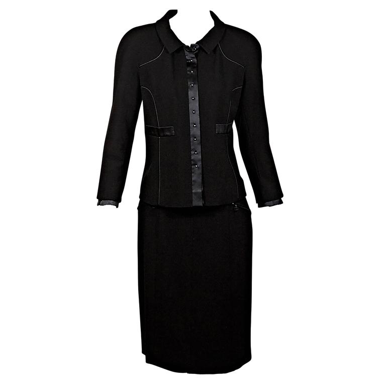 Black Chanel Wool and Silk Skirt Suit Set For Sale at 1stDibs
