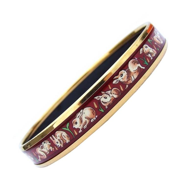 Hermes Printed Enamel Bracelet Rabbits Red GHW Narrow Size 65 at 1stDibs