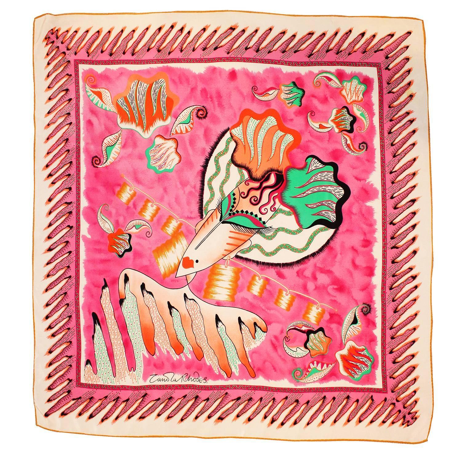 1980s Zandra Rhodes Silk Printed Scarf at 1stdibs