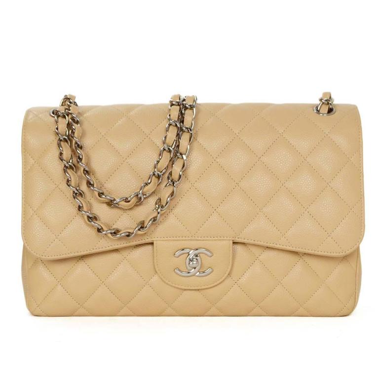 Chanel Light Beige Caviar Leather Quilted Jumbo Double Flap Classic Bag ...