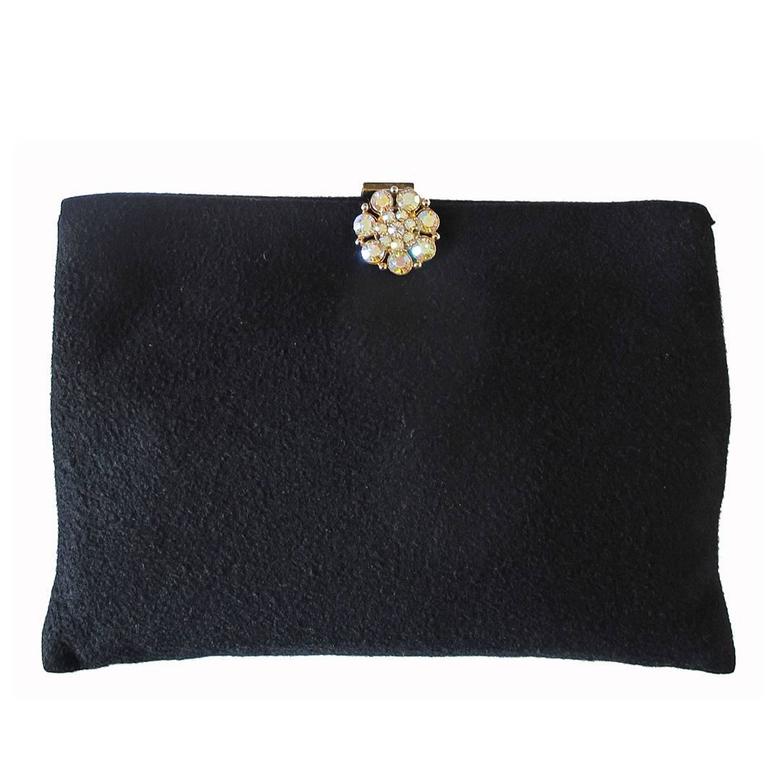 Ingber Black Wool Clutch with Iridescent Rhinestone Clasp For Sale at ...