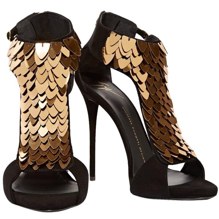 Giuseppe Zanotti NEW Black Suede Gold Sequin High Heels Sandals in Box ...