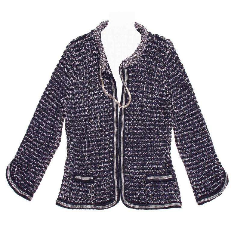 Chanel Navy and Silver Knit Jacket at 1stDibs | chanel knit jacket