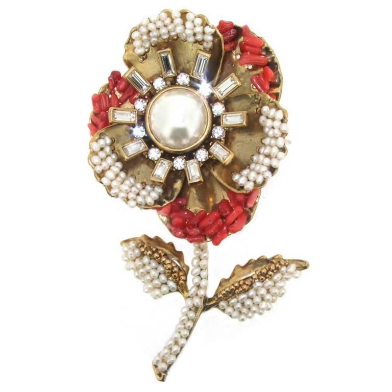 Pink Soda Coral And Pearl Flower Brooch At 1stdibs