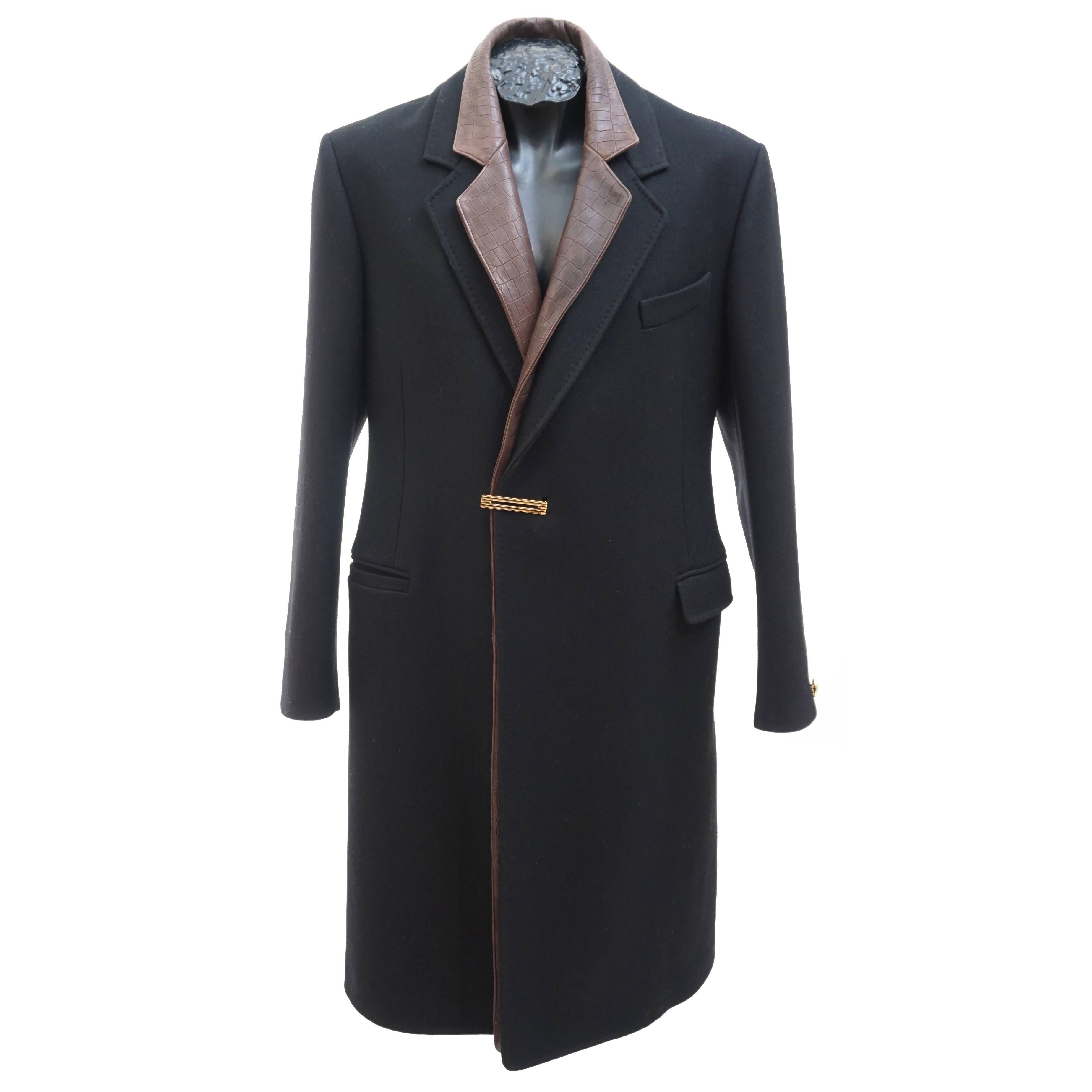 New Versace Black Coat with Brown Crocodile print leather trim at 1stDibs