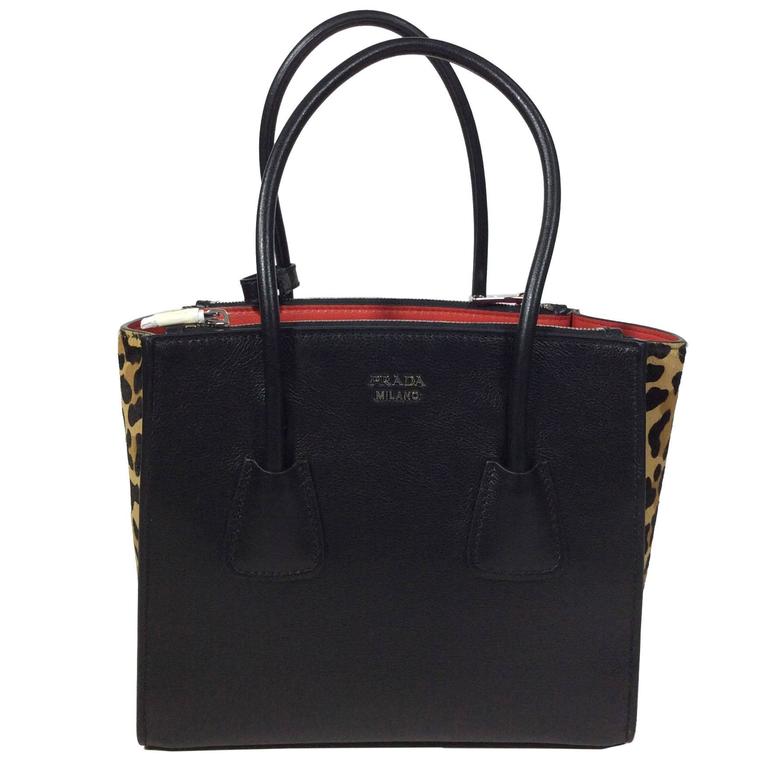 Prada Petite Black Leather and Leopard Tote at 1stDibs