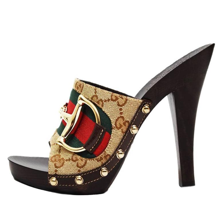 Gucci Canvas Wooden Mules For Sale at 1stDibs