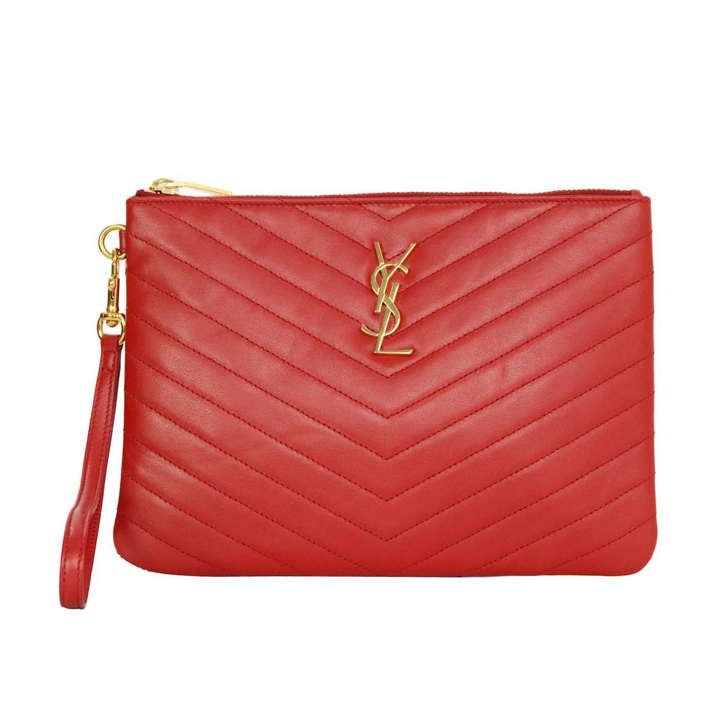 Saint Laurent Red Matelasse Leather Monogram Chevron Wristlet GHW For ...